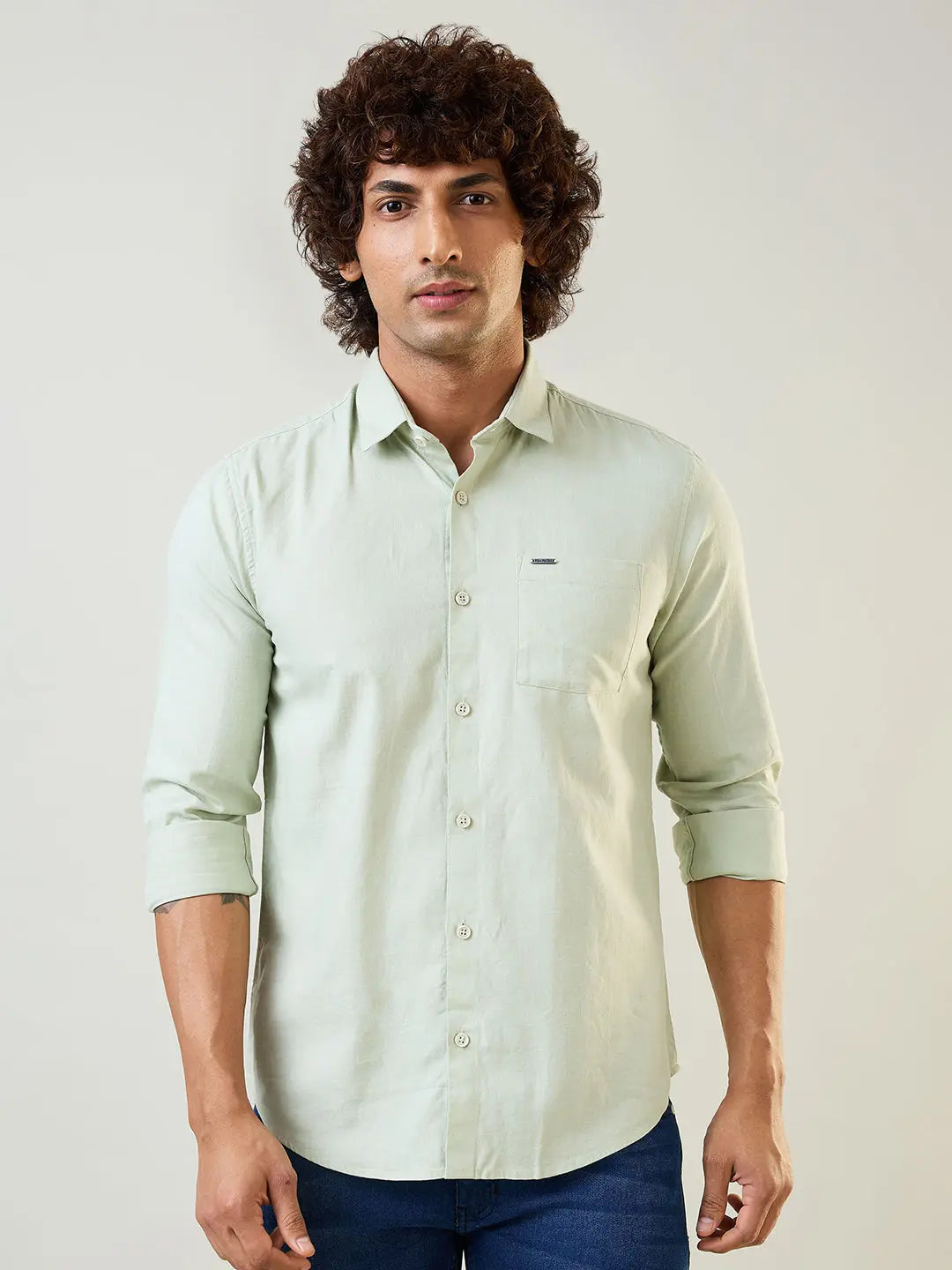 Men'S Solid Pista Green Regular Fit Shirt - Tim Paris